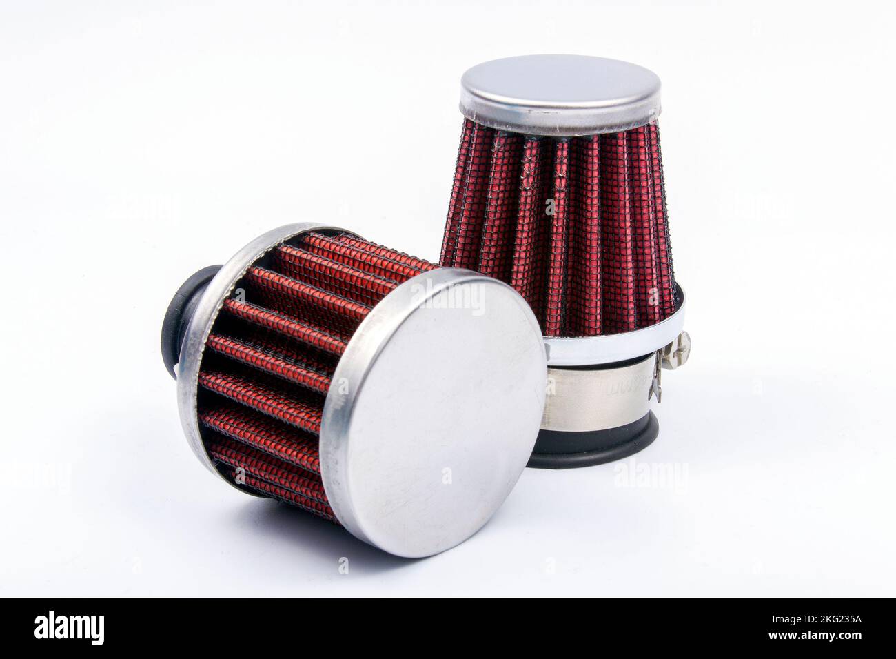 Conical chrome air filters with red mesh - tuning accessory on a white ...