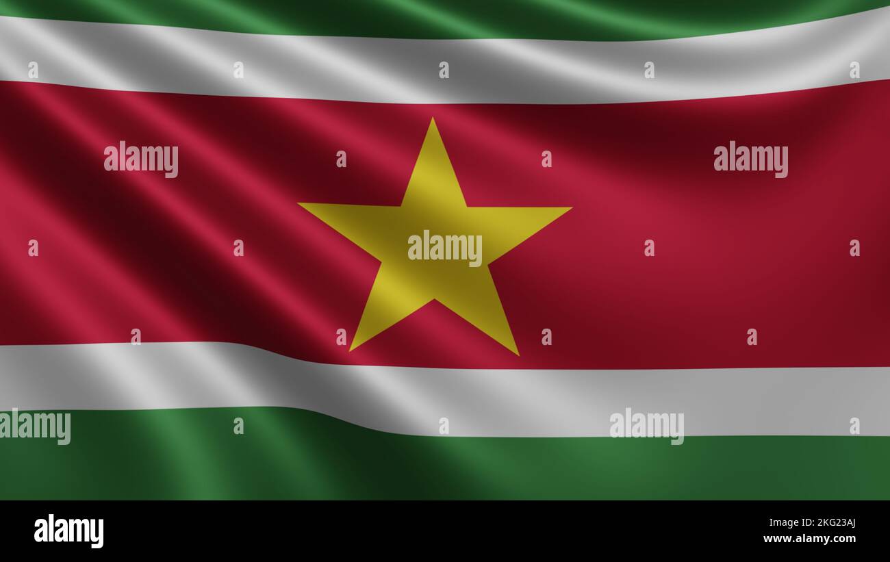 Render of the Suriname flag flutters in the wind close-up, the national ...