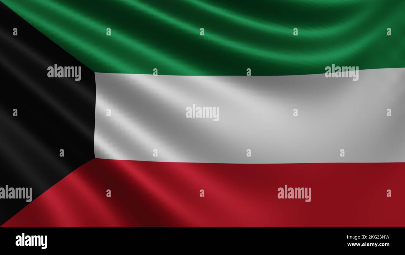 Render of the Kuwait flag flutters in the wind close-up, the national ...