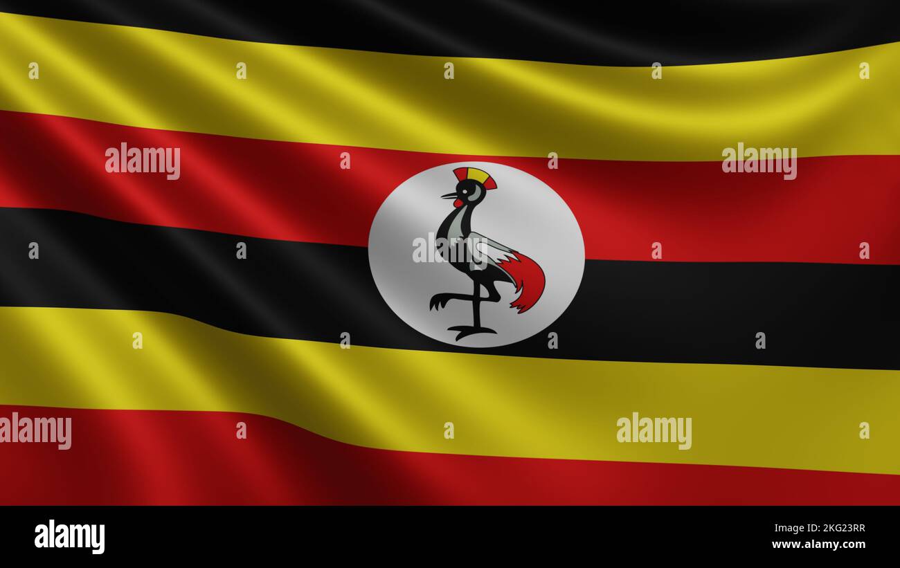 Render of the Uganda flag flutters in the wind close-up, the national ...