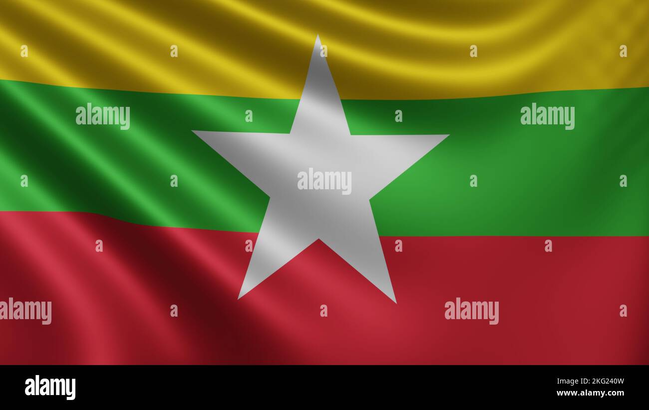 Render of the Myanmar flag flutters in the wind close-up, the national ...