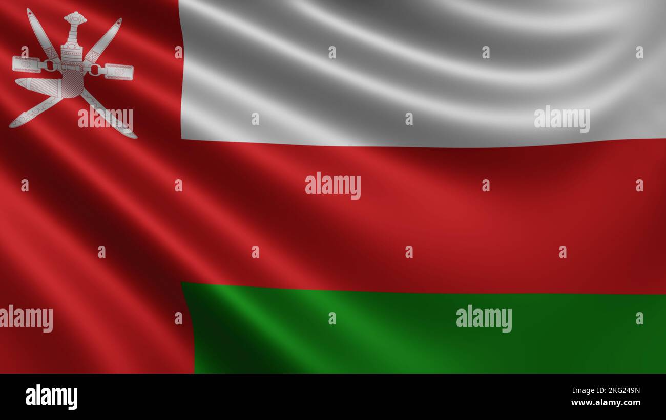 Render of the Oman flag flutters in the wind close-up, the national flag of Oman flutters in 4k ...