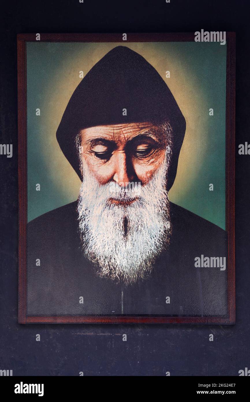 Portrait of Saint Charbel in Bekaa Kafra, Saint Charbel's native ...