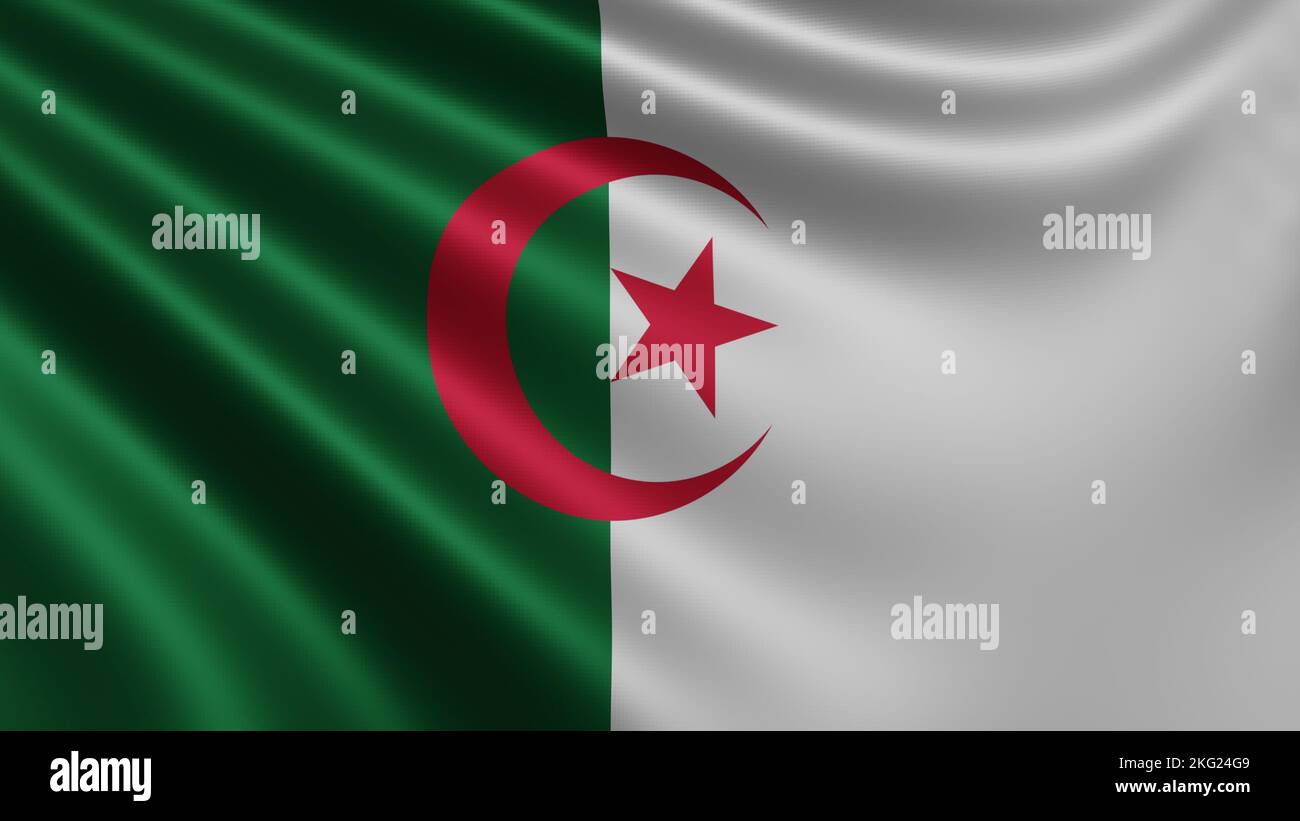Render of the Algerian flag flutters in the wind close-up, the national ...