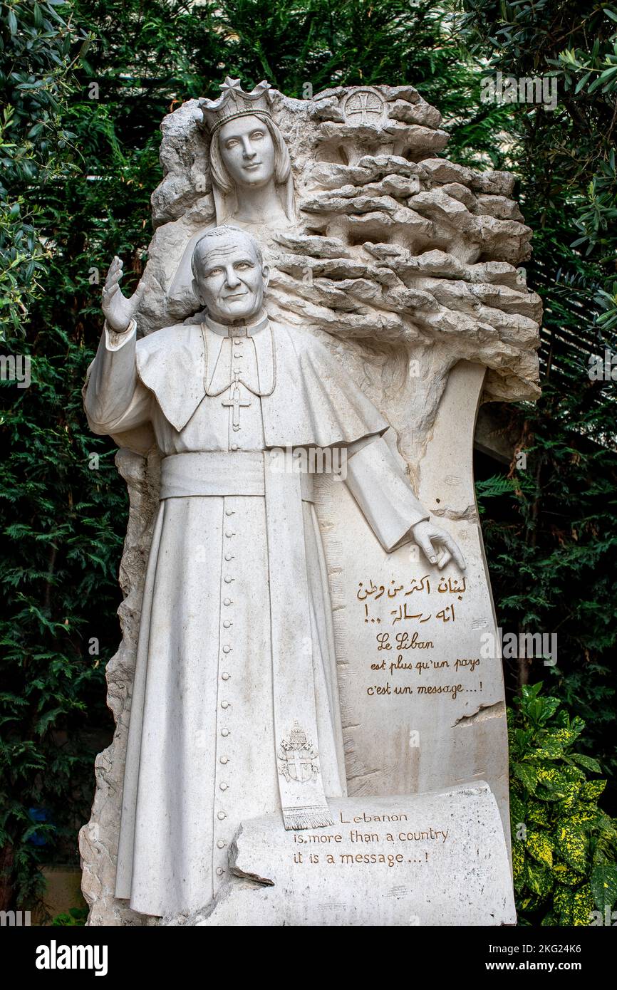 Statue of pope John Paul II under the Virgin Mary in Harissa, Lebanon ...