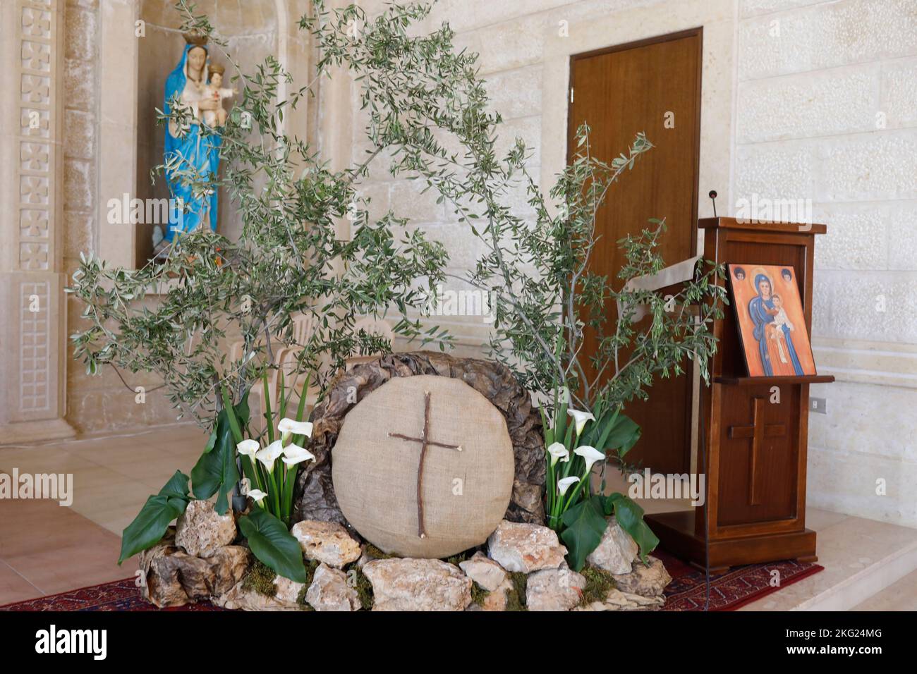 Christ's closed tomb the day before Easter in a maronite church in Jieh ...