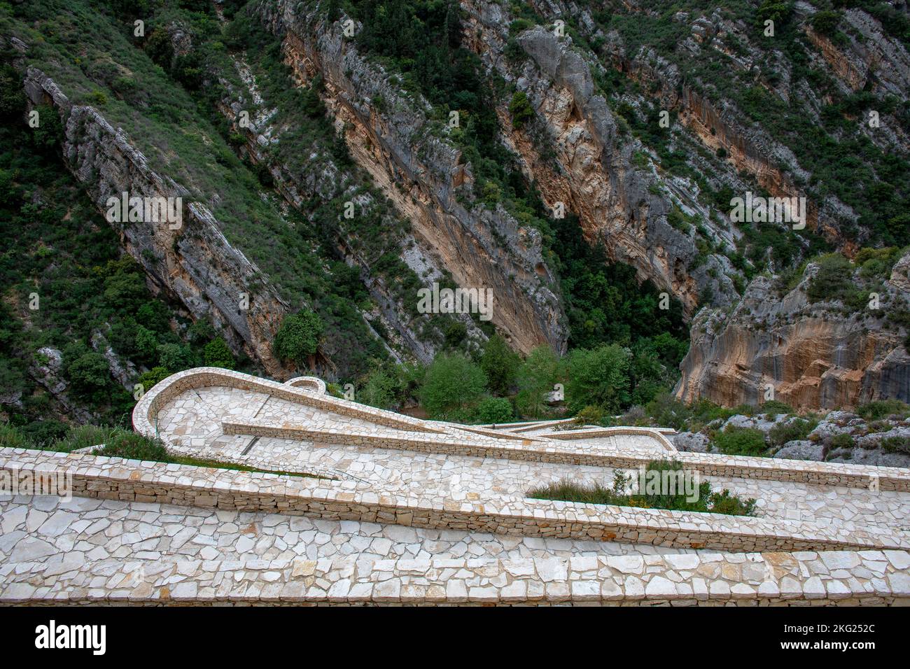 View of Kannoubine valley and stairway to Our Lady of Hamatoura ...