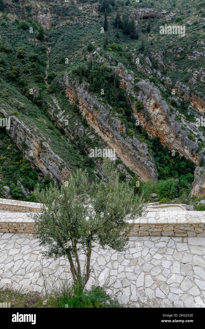 View of Kannoubine valley and stairway to Our Lady of Hamatoura ...