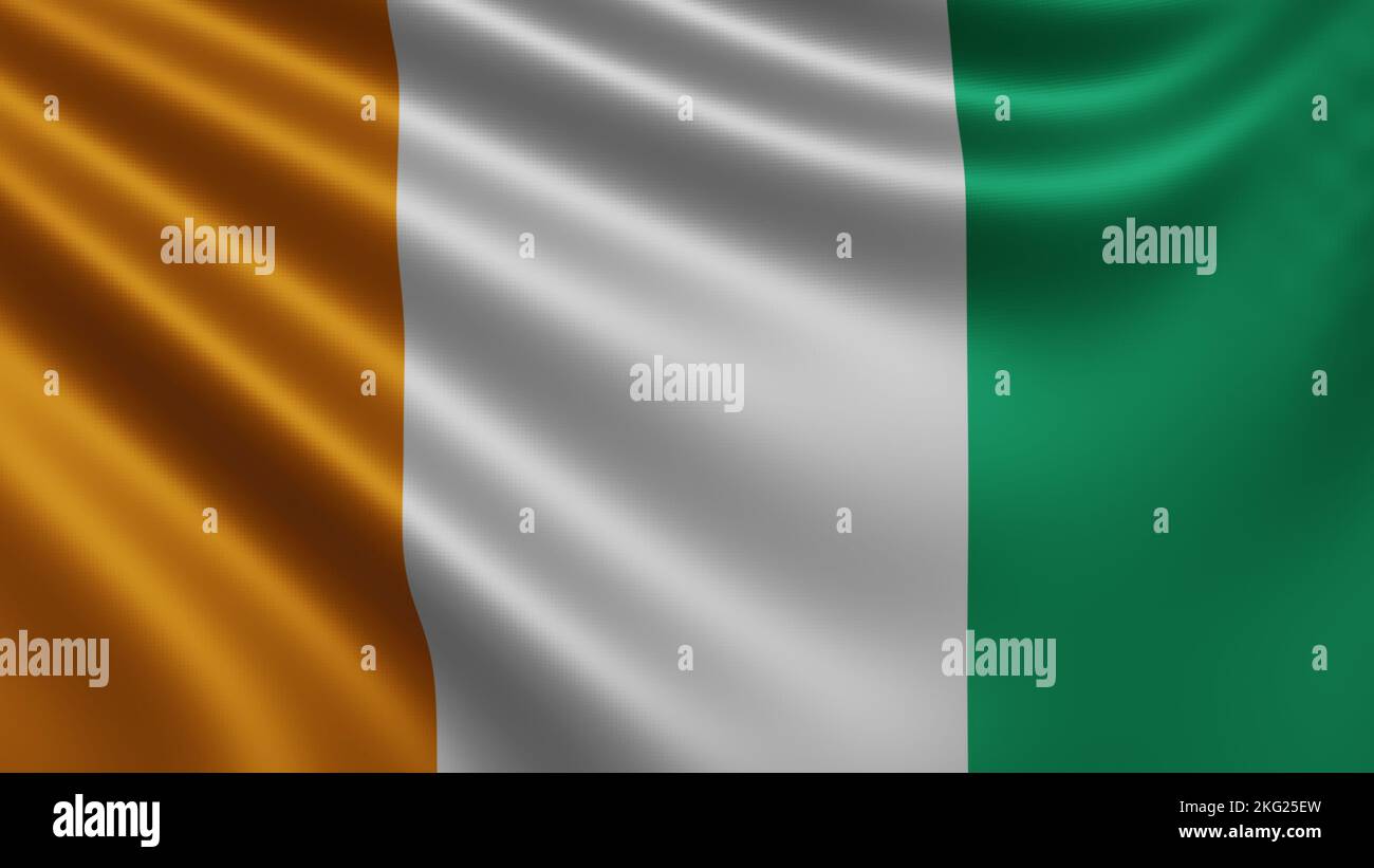 Render of the Ivory Coast flag flutters in the wind close-up, the ...