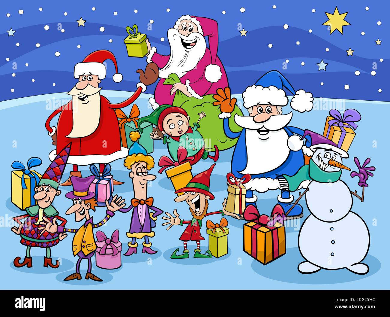 Cartoon illustration of Santa Clauses and elves characters on Christmas ...