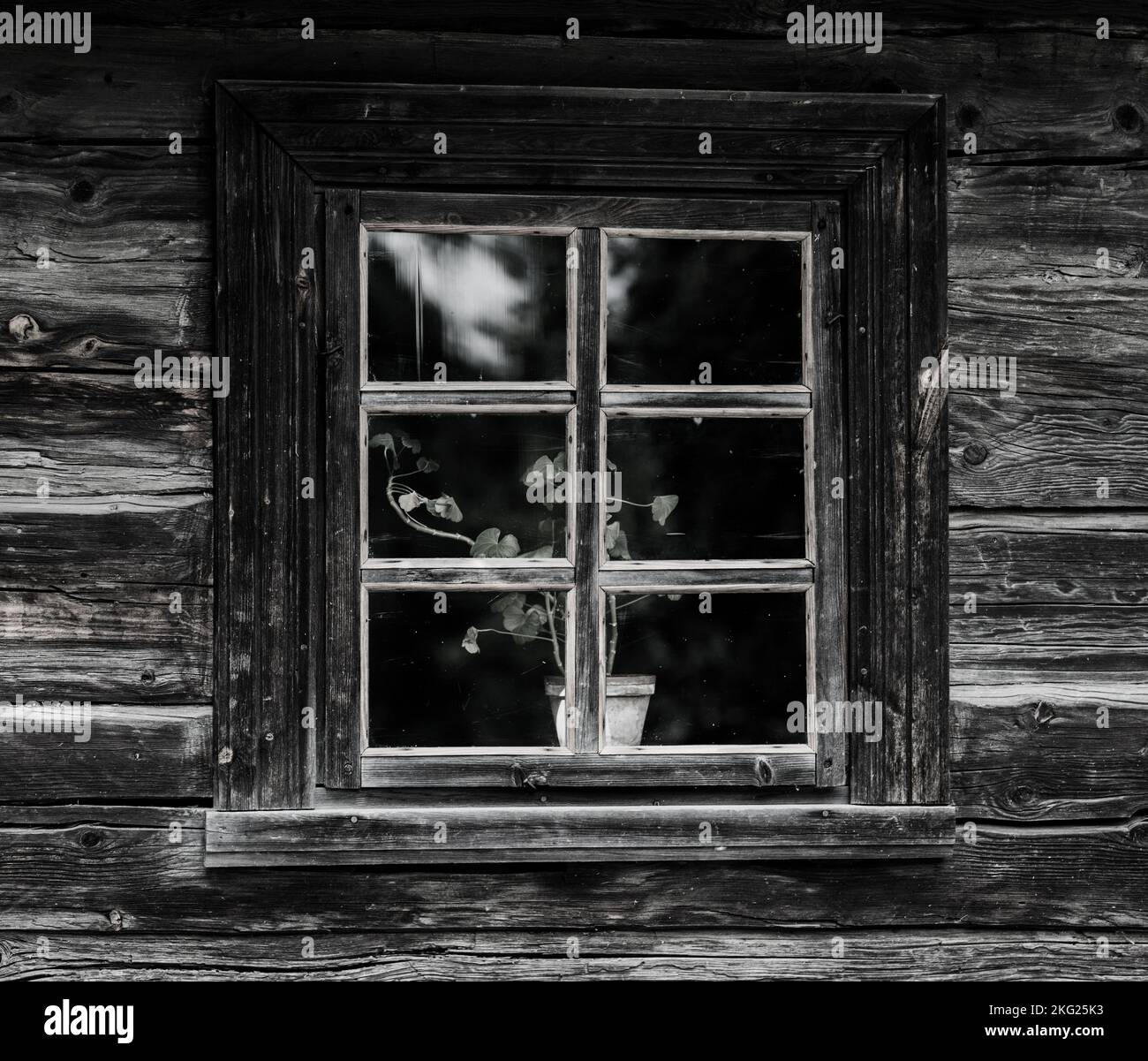 farmhouse. Nice wooden hut with flowers in window Stock Photo - Alamy