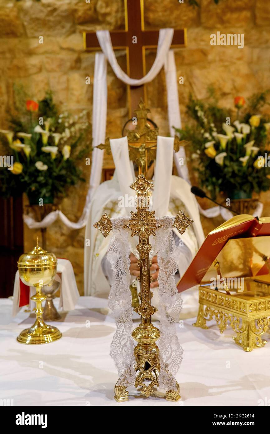 Easter celebration in Our Lady maronite church, Bdedoun, Lebanon. Altar ...