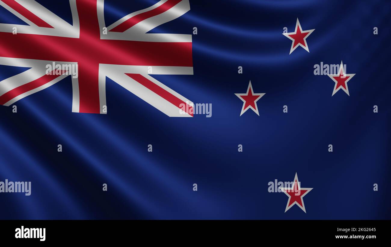 Render of the New Zealand flag flutters in the wind close-up, the ...