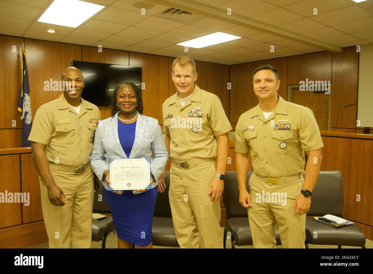 Admiral Walker, Commanding Officer Horn and Executive Officer Lopez ...