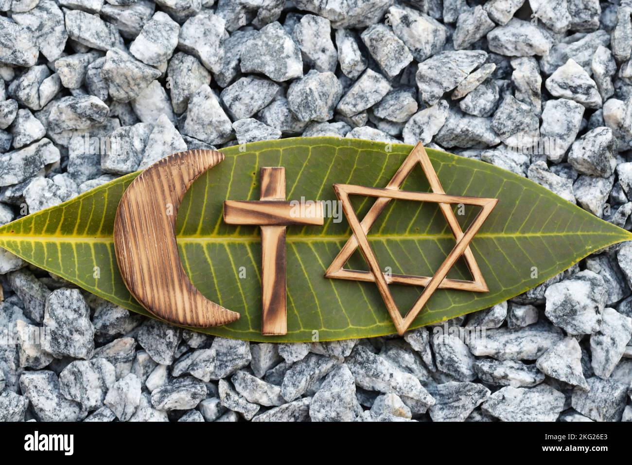 Religious symbols on a green leaf : Jewish Star of David, Muslim Star ...