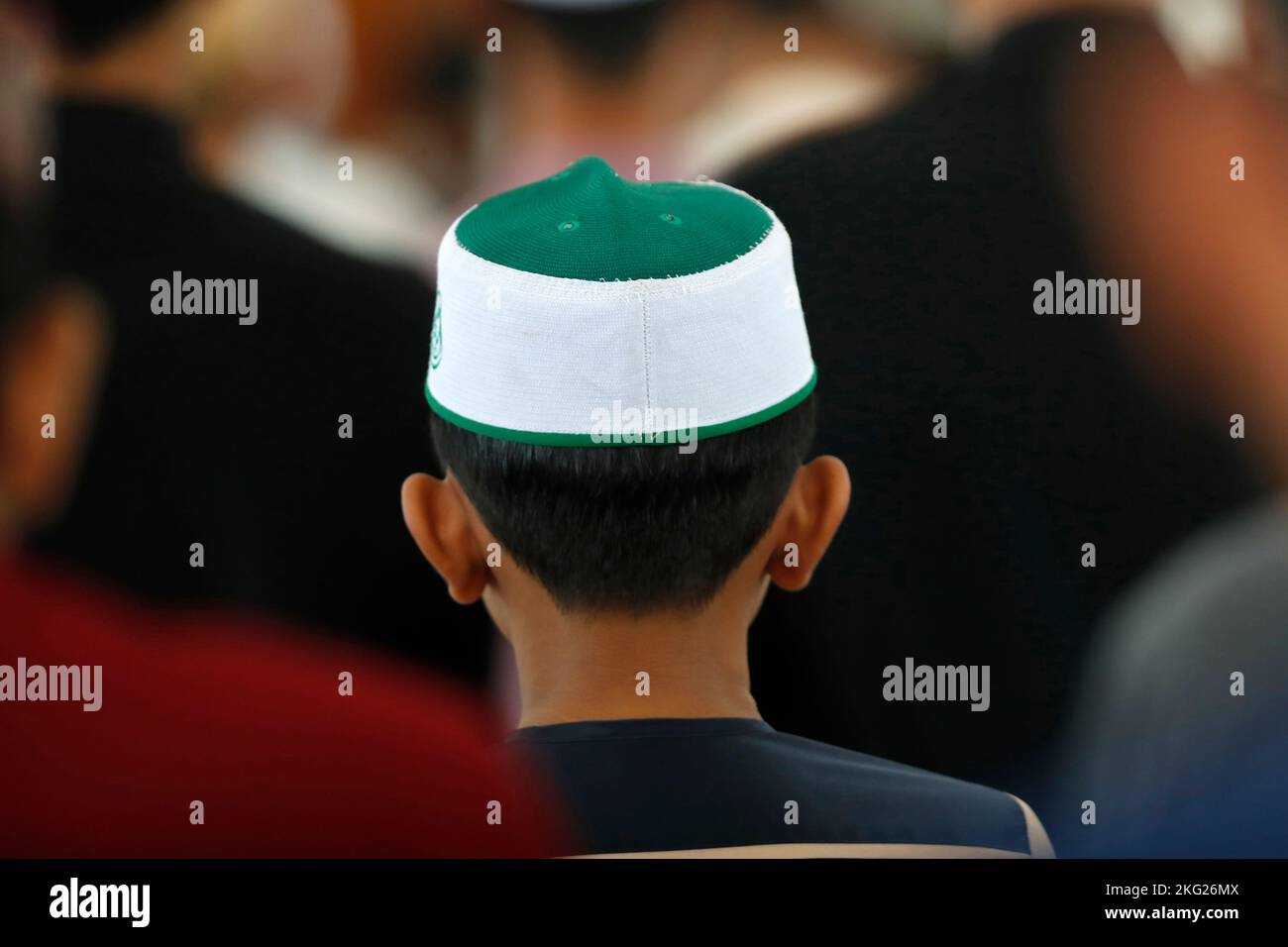 The friday prayer (salat). Muslim men praying in mosque. Chau Doc ...