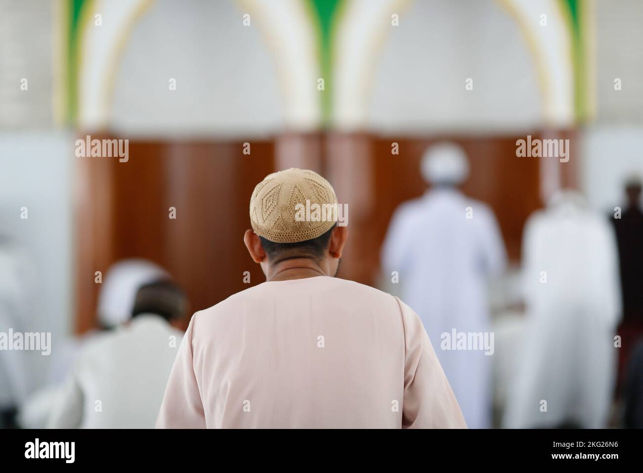 The friday prayer (salat). Muslim men praying in mosque. Chau Doc ...