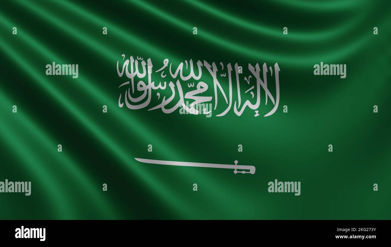Render of the Saudi Arabia flag flutters in the wind close-up, the ...