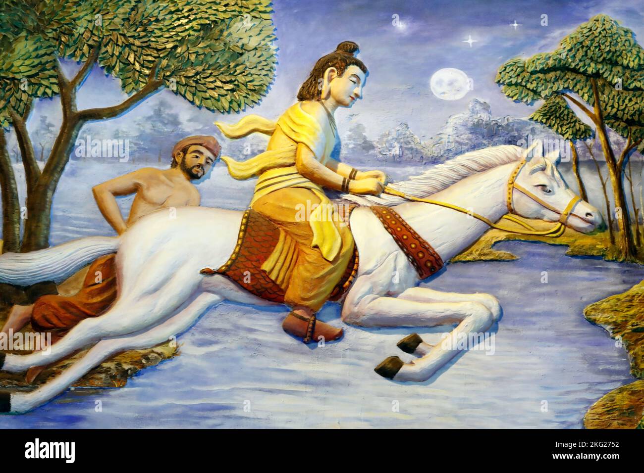 Ba Vang buddhist temple. Life of Buddha. Prince Siddhartha riding on ...