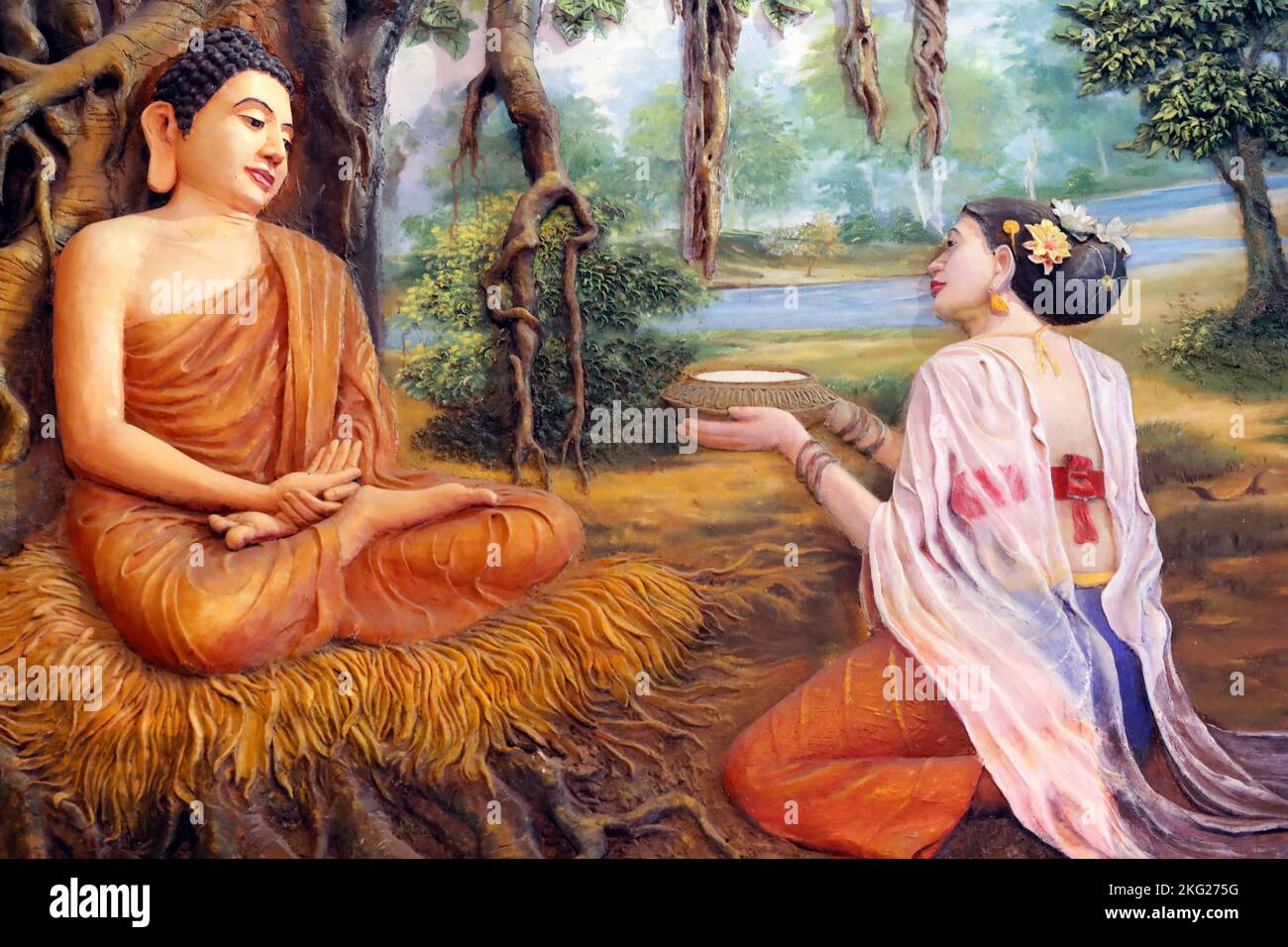 Ba Vang buddhist temple. Life of Buddha. Sujata makes an offering of ...