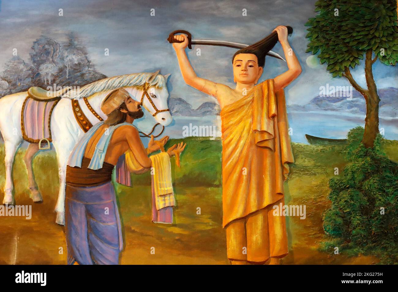 Ba Vang buddhist temple. Life of Buddha. Prince Siddhartha cut off his ...