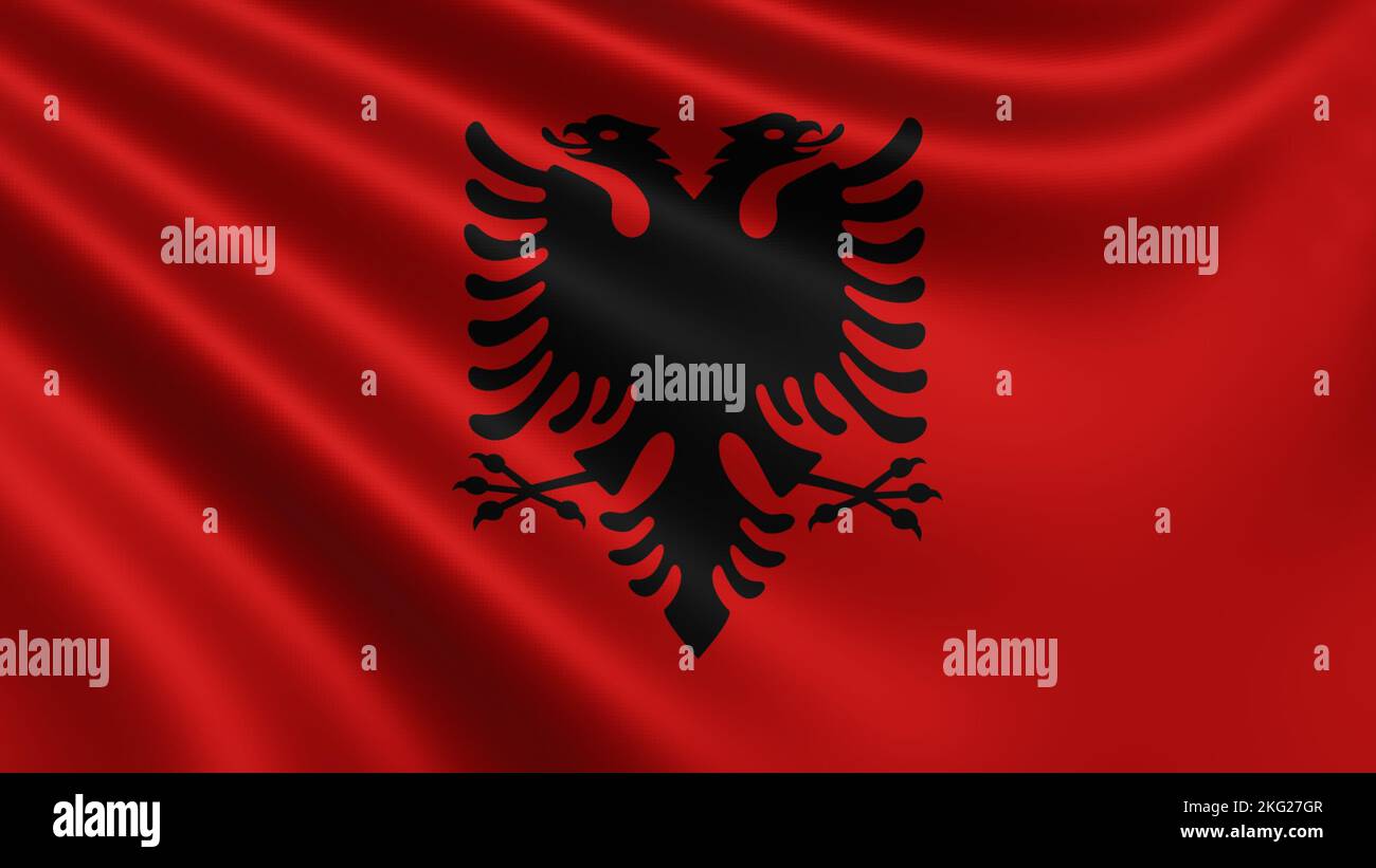 Render of the Albanian flag flutters in the wind close-up, the national ...