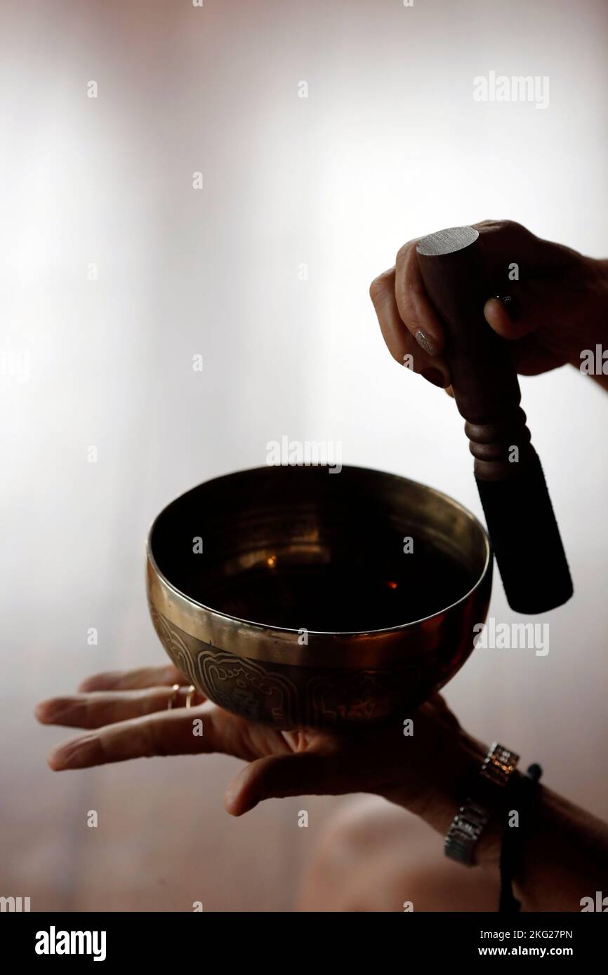 Tibetan singing bowl, buddhist instrument used in sound therapy ...