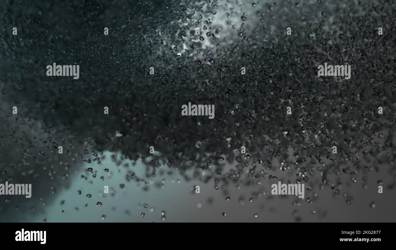 3D rendering of cluster of crystal beads or droplets of water in dark ...