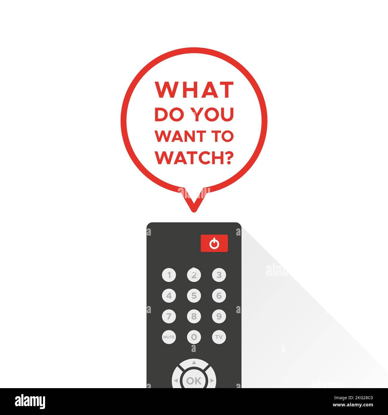 TV remote control with long shadow. Speech bubble with the text: "What ...