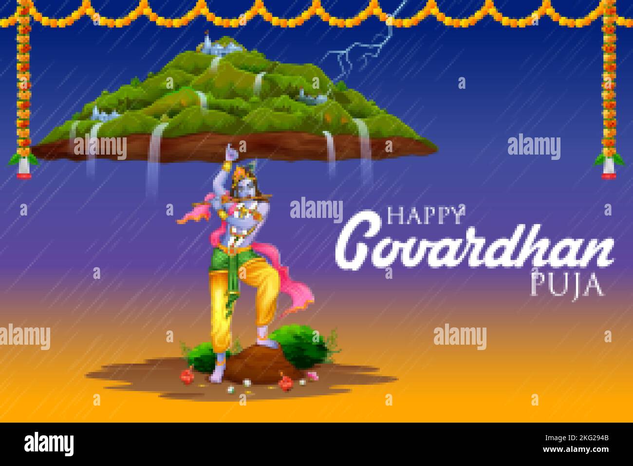 illustration of Lord Krishna lifting Govardhan mountain on Govardhan ...