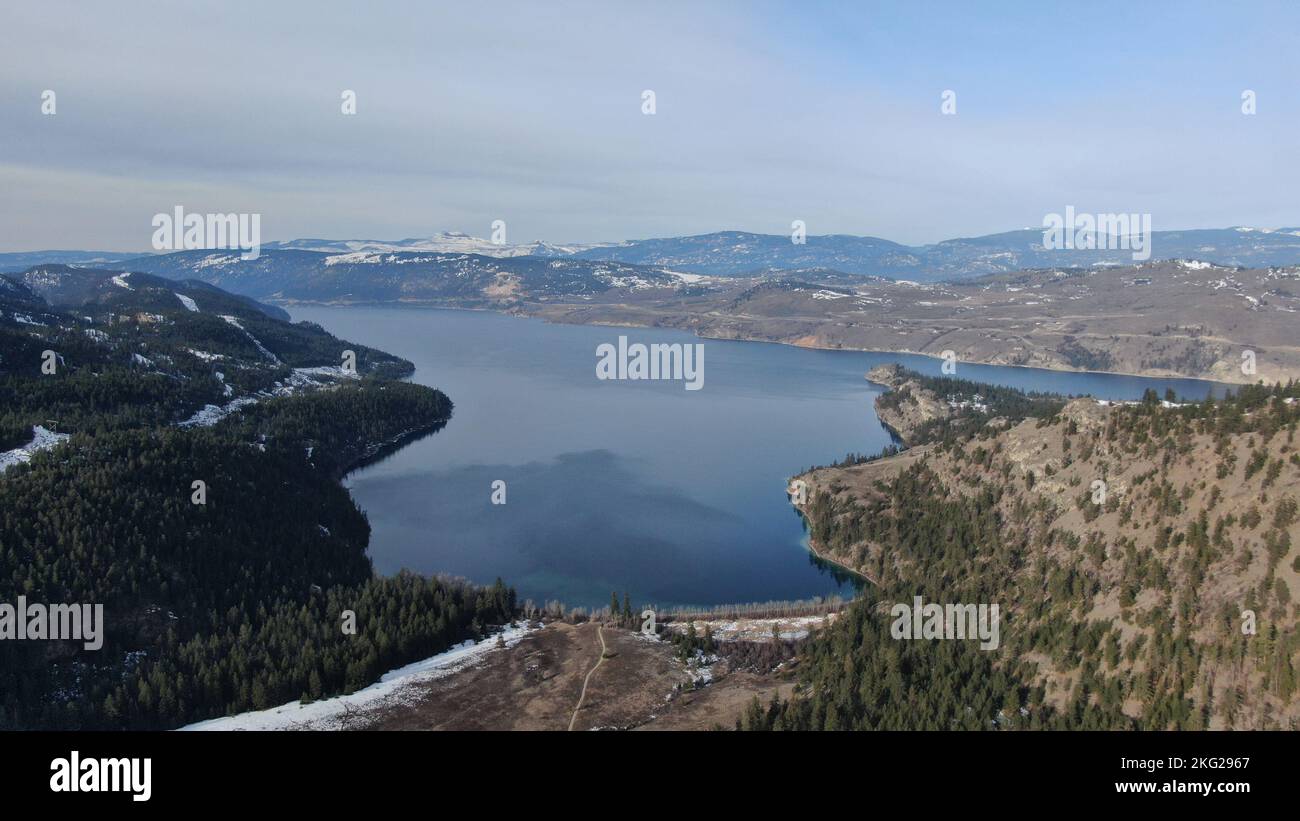 The aerial view of Kalamalka Lake from a drone. British Columbia ...