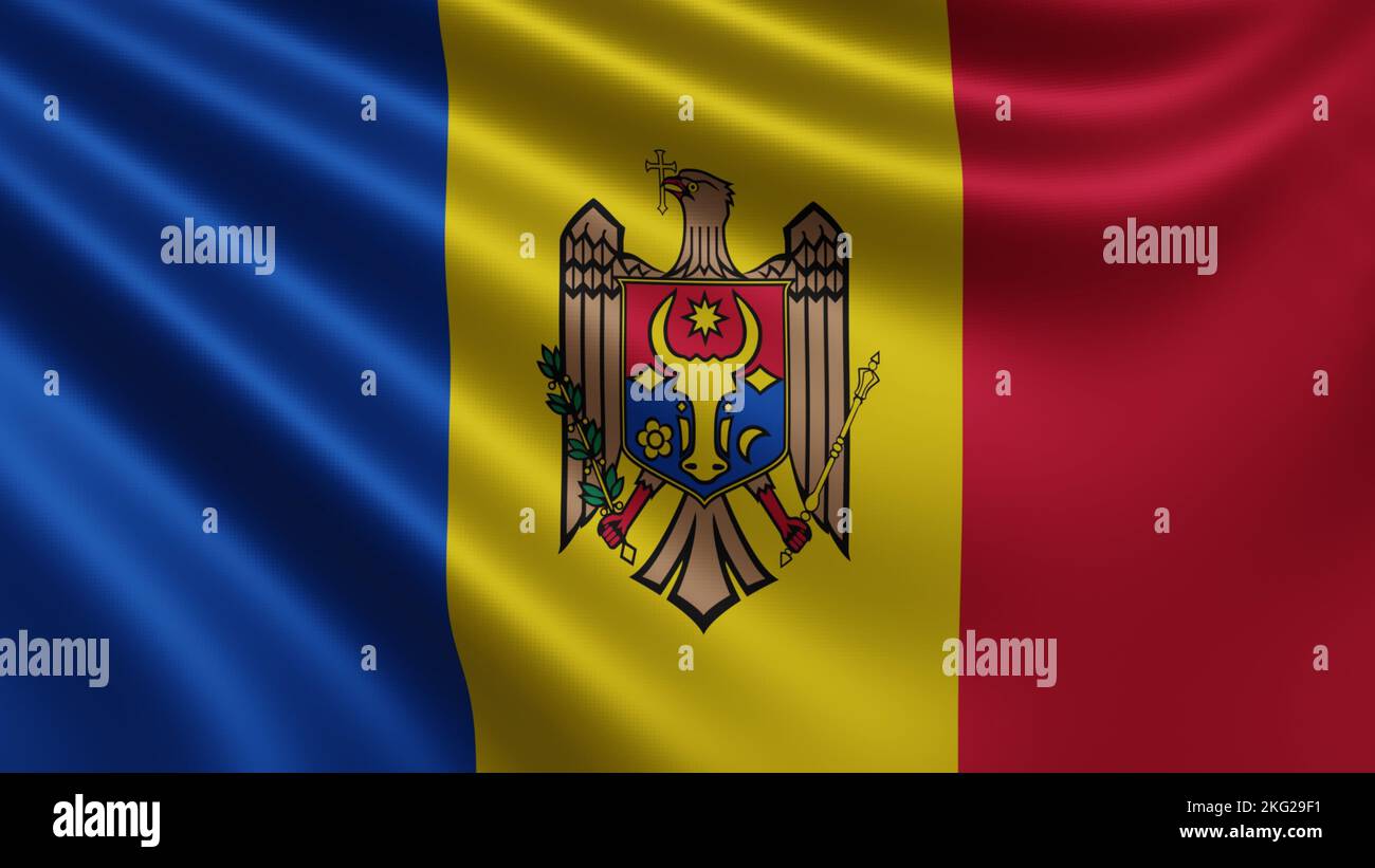 Render of the Moldova flag flutters in the wind close-up, the national ...