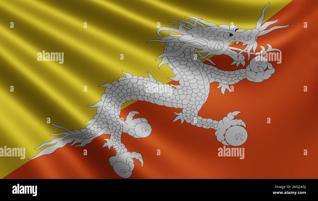 Render of the Bhutan flag flutters in the wind close-up, the national ...