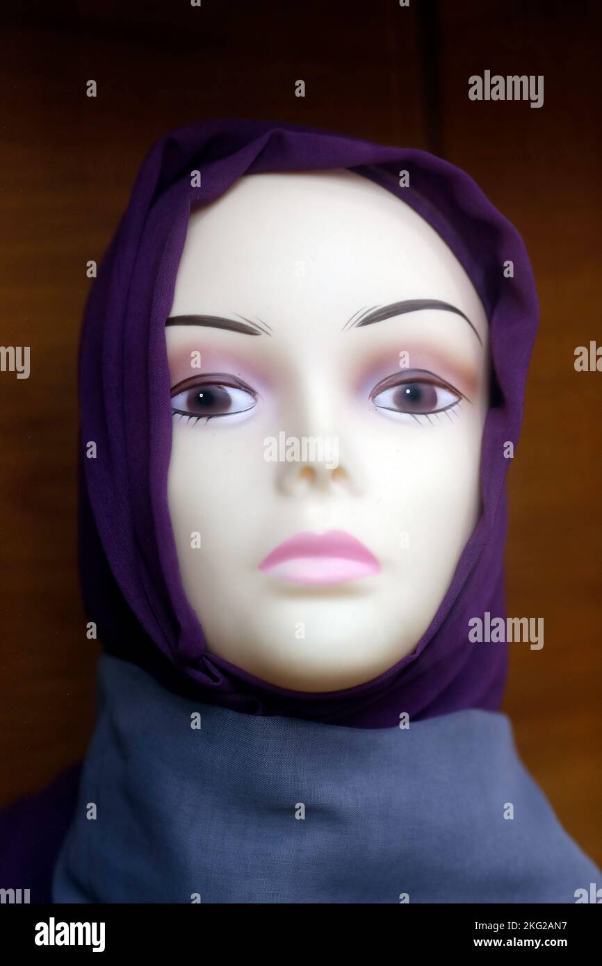 Muslim veil or hijab on sale in a market. Islam symbol. Dubai. United ...