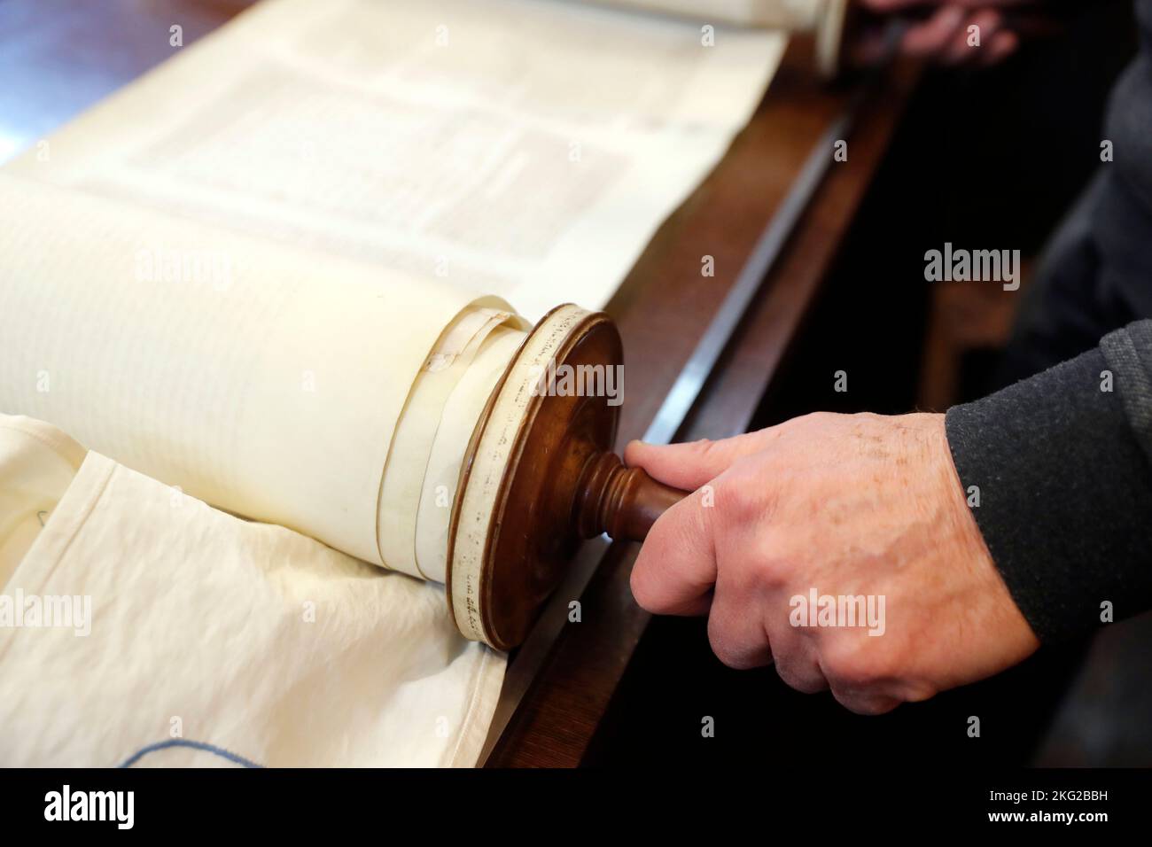 Synagogue of the Liberal Jewish Community of Geneva. Old Torah scrolls ...
