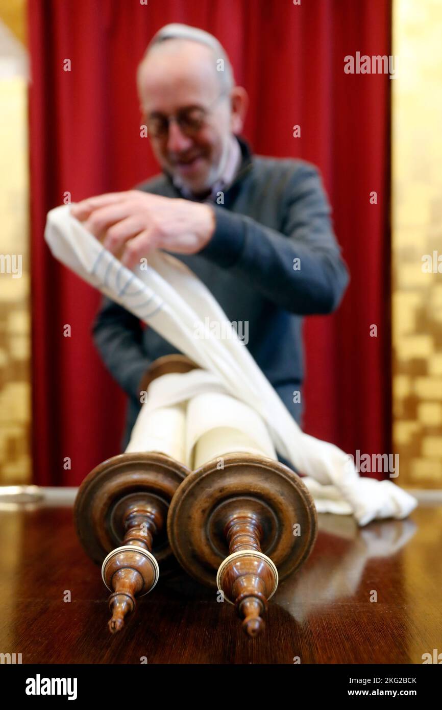 Synagogue of the Liberal Jewish Community of Geneva. Old Torah scrolls ...