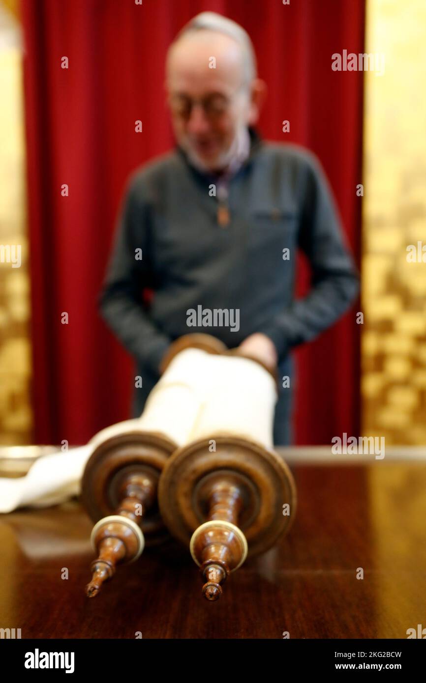 Synagogue of the Liberal Jewish Community of Geneva. Old Torah scrolls ...