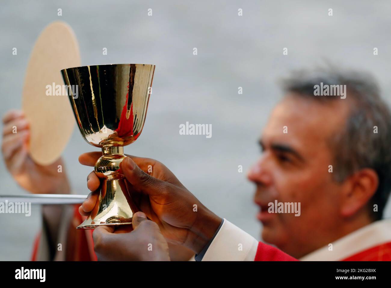 Sainte Claire church. Catholic mass. Eucharistic celebration. Priest ...