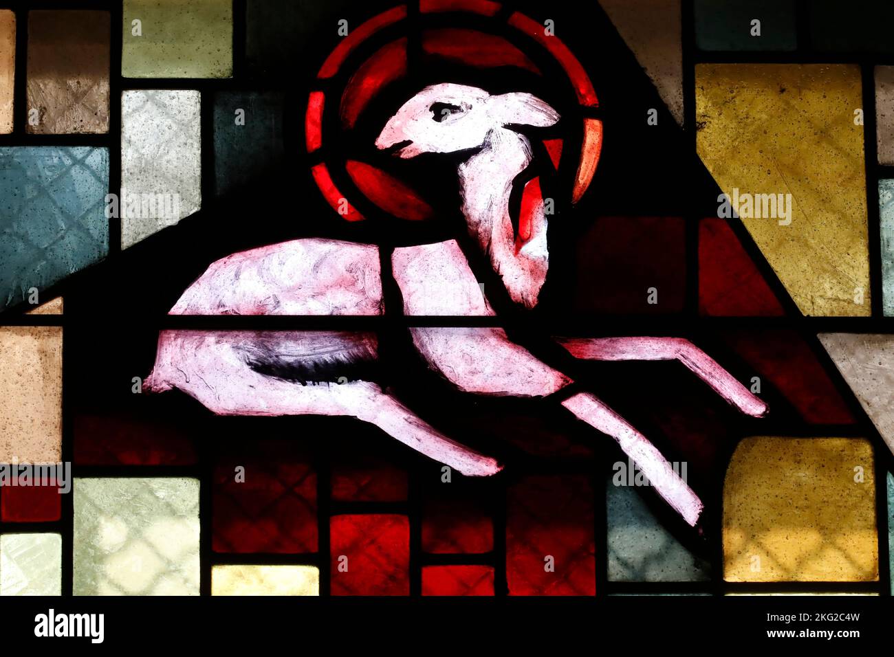 Saint Bernard-de-Menthon church. Stained glass window. Lamb of God ...