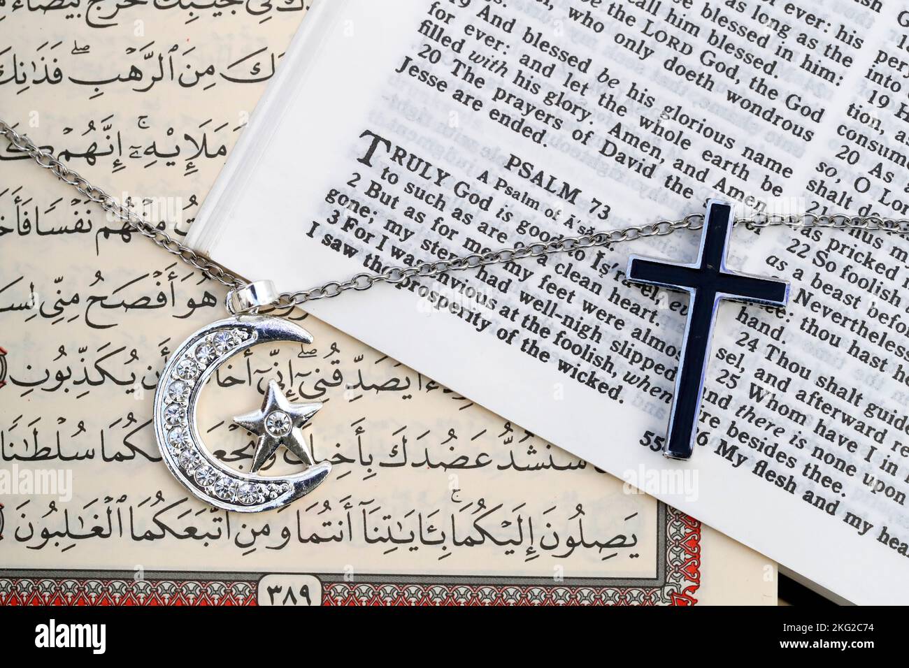 Religious symbols : Muslim Crescent and Star with Quran, and Christan ...