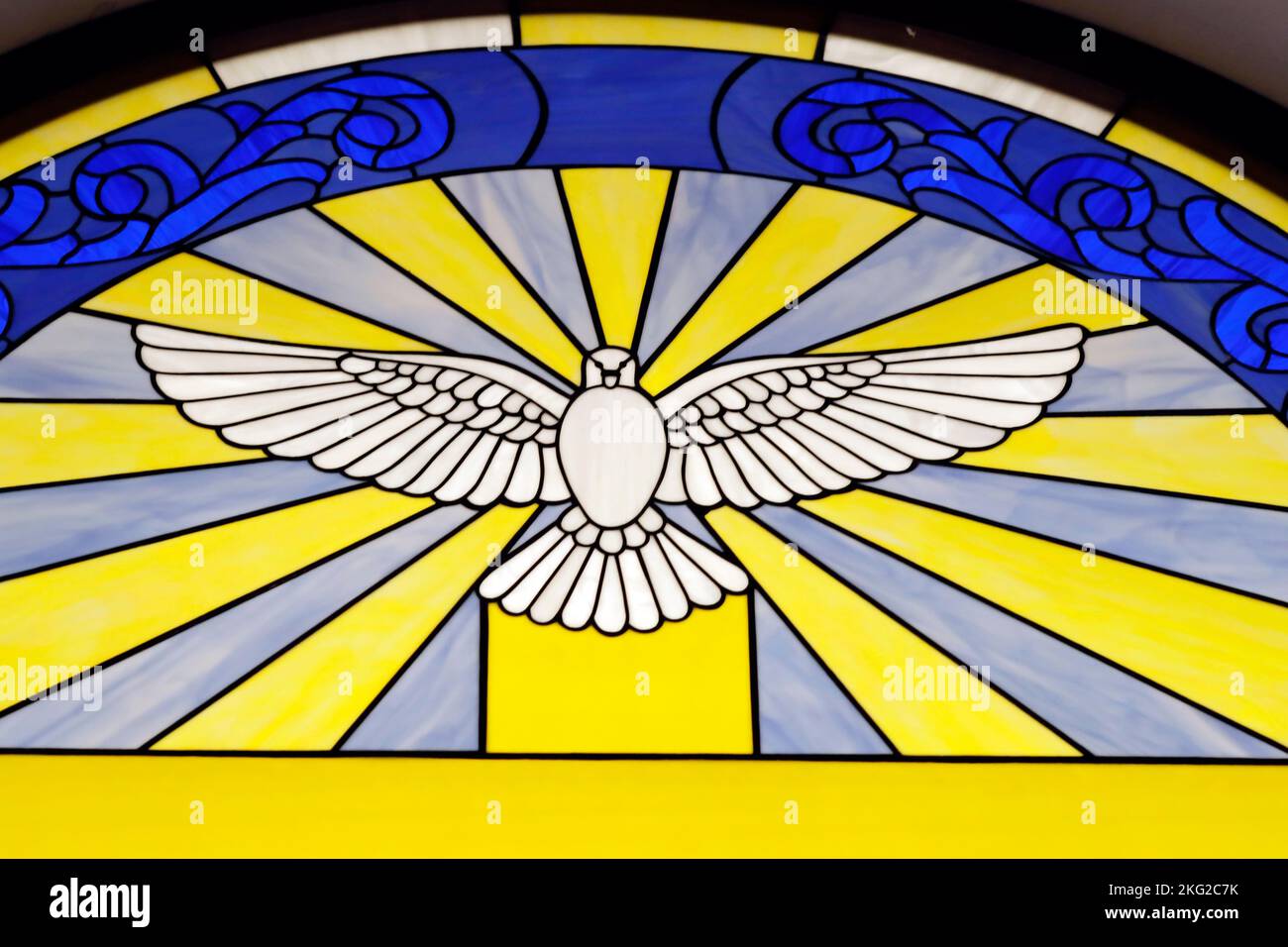 Saint Dominic church. Stained glass window. The dove of Holy Spirit ...