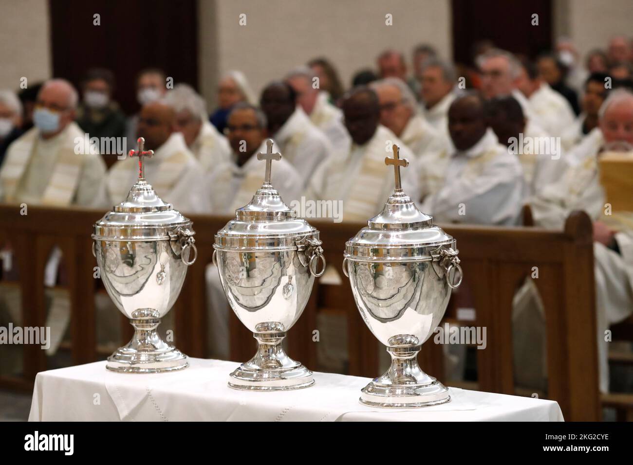 Saint Julien en Genevois church. Holy Thursday. Chrism Mass. Holy oils ...