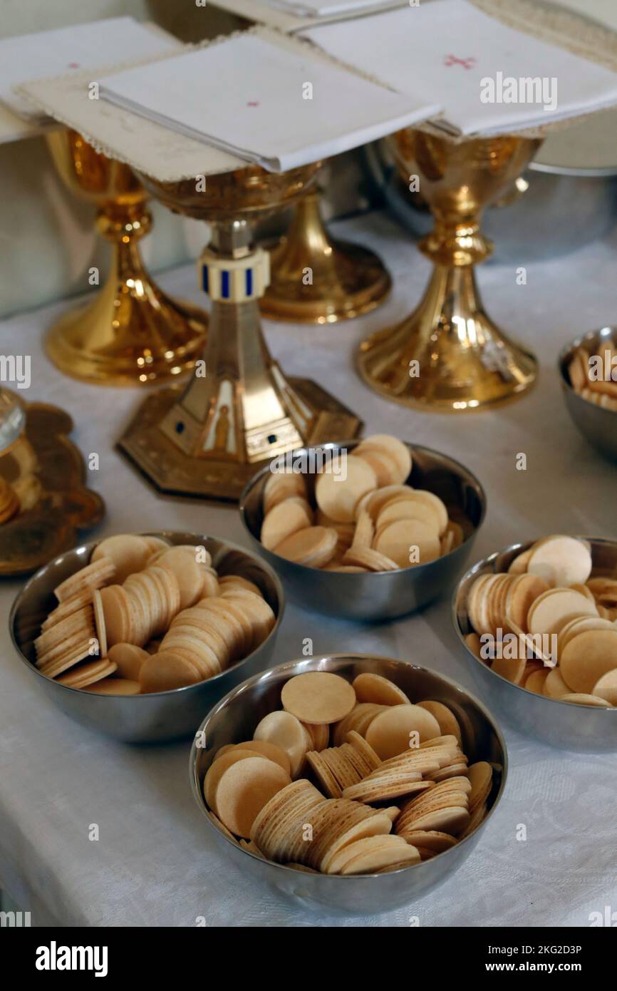 Catholic mass. Eucharist table with the liturgical items. Communion ...