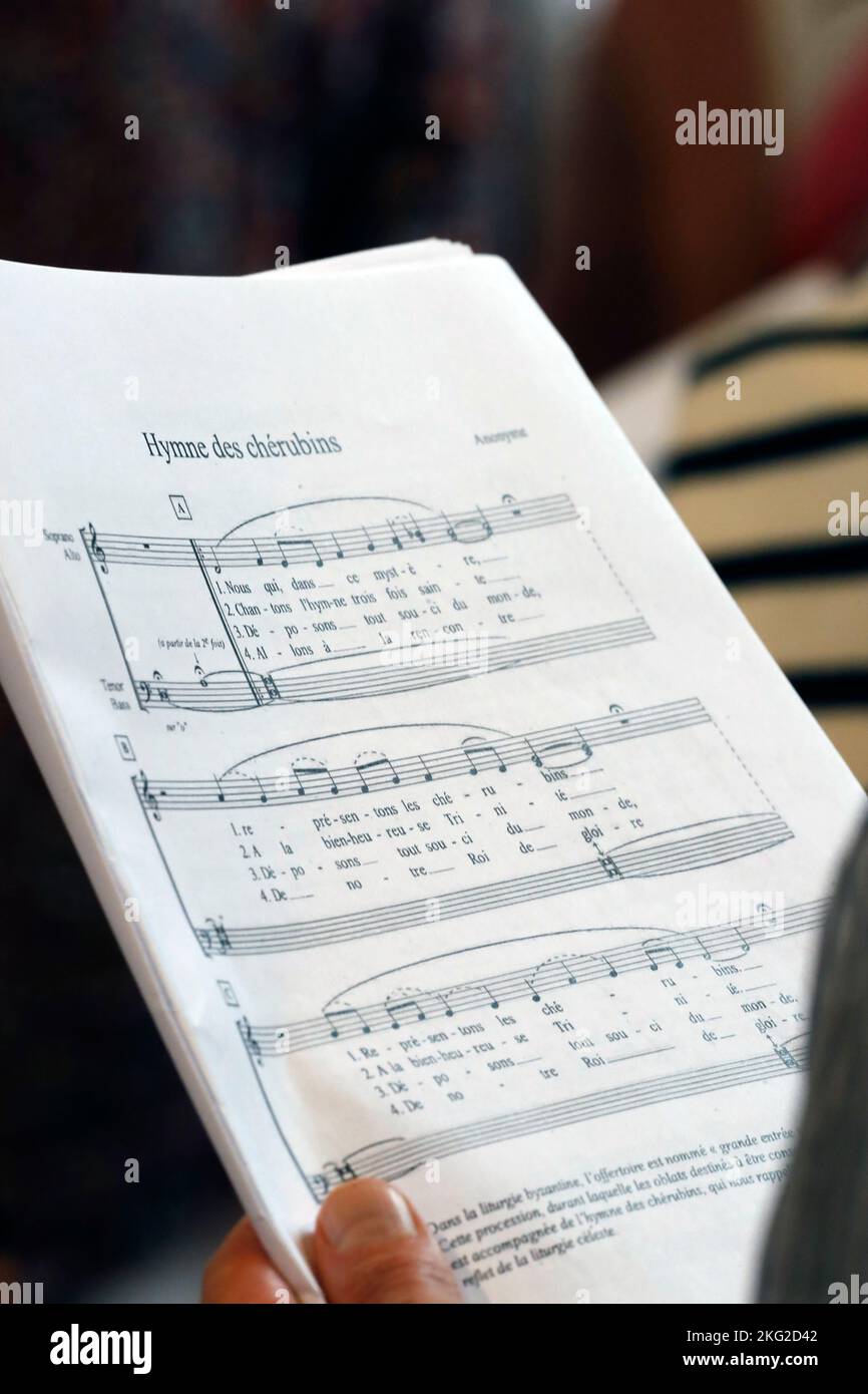 Sacred music. Sheet music for mass celebration. France Stock Photo - Alamy