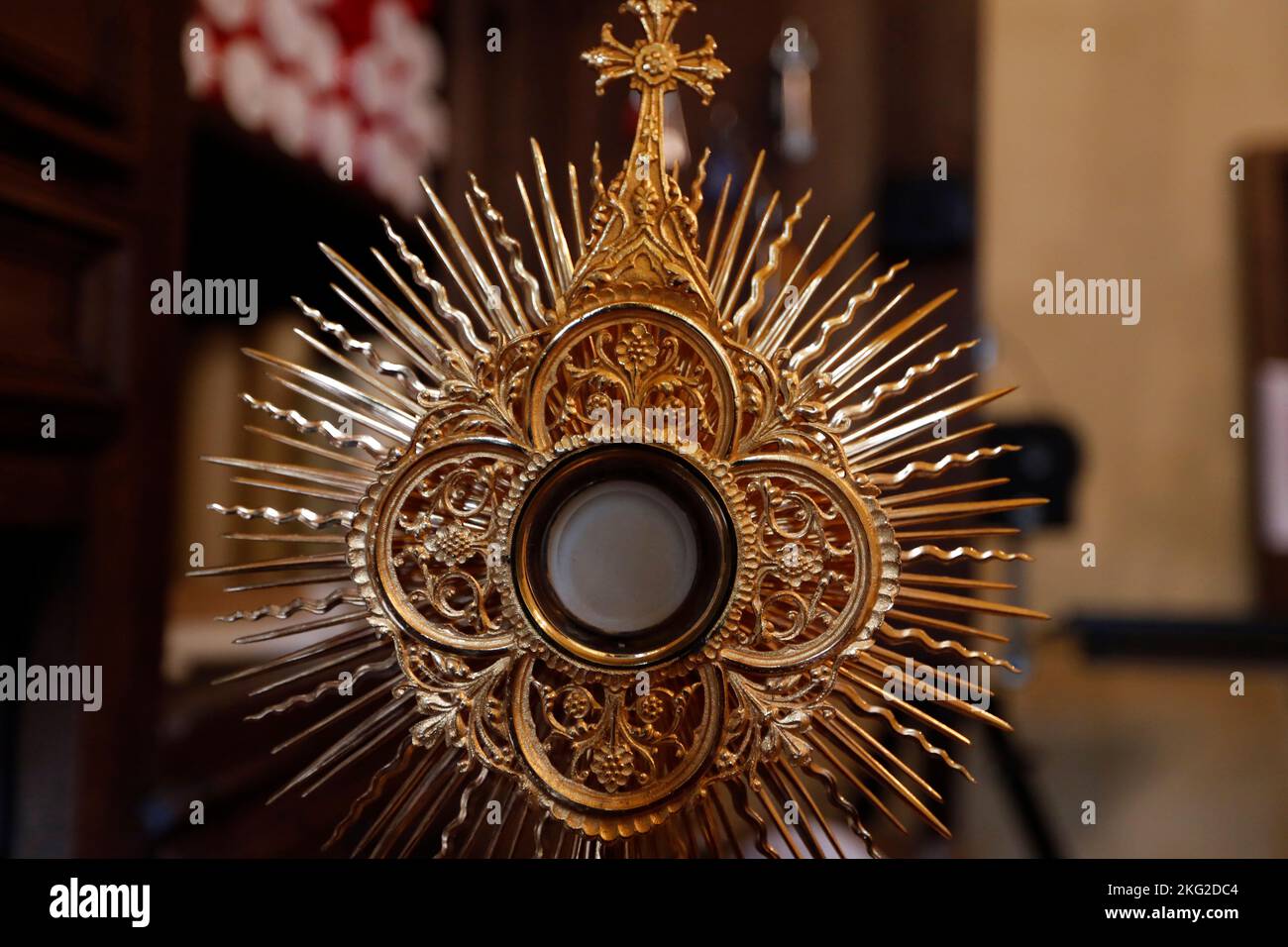 The Blessed Sacrament in a monstrance. Eucharist adoration. France ...