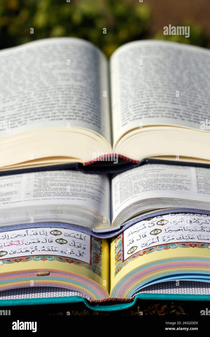 Open religious books : Quran, Bible and Torah. Christianity, Islam ...