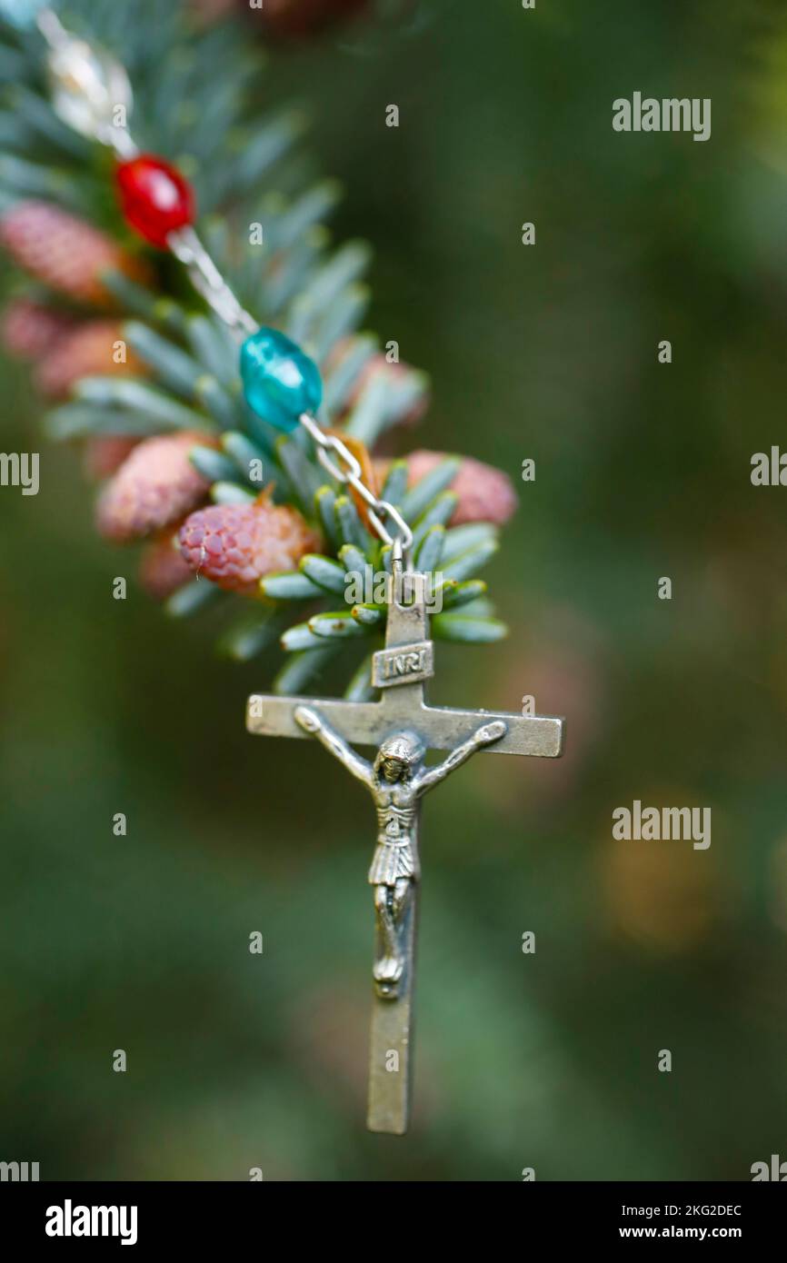 Catholic Rosary with Jesus on the cross on a pine tree branch. Ecology ...