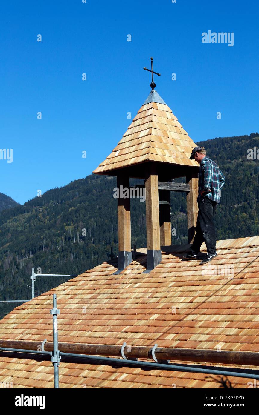 La Combe baroque chapel under renovation. Bell tower. Carpenter. France ...