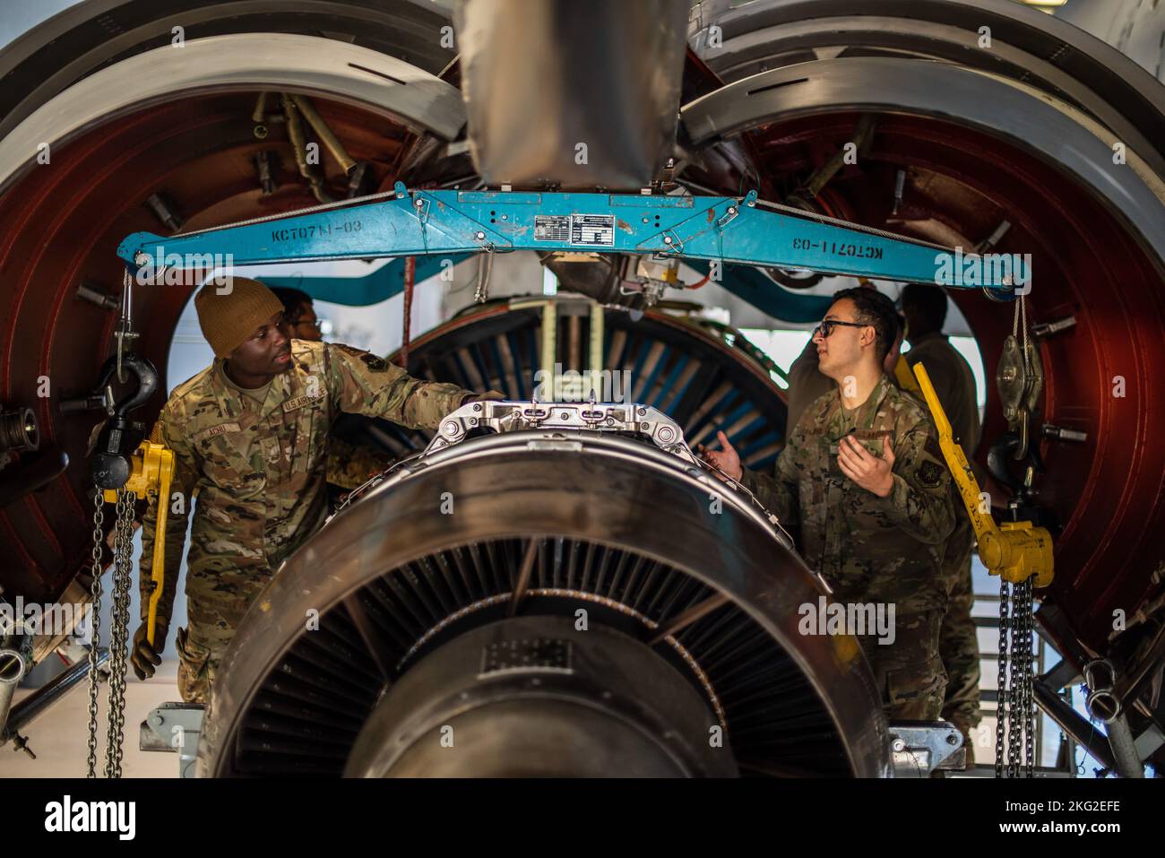 U.S. Airmen with the 660th Aircraft Maintenance Squadron swap an engine ...