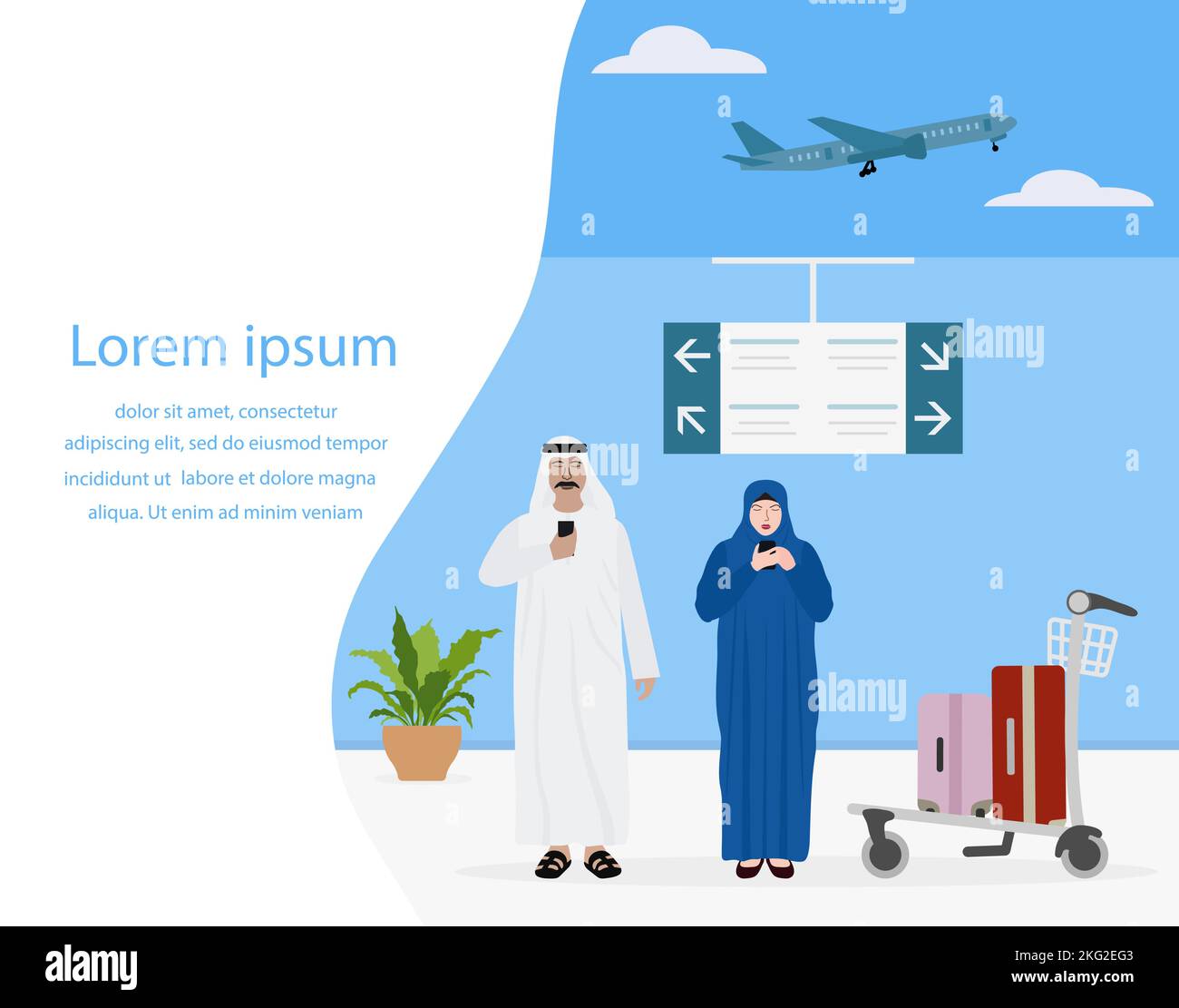 Vector illustration Airport. Muslim man and woman with suitcases on a ...
